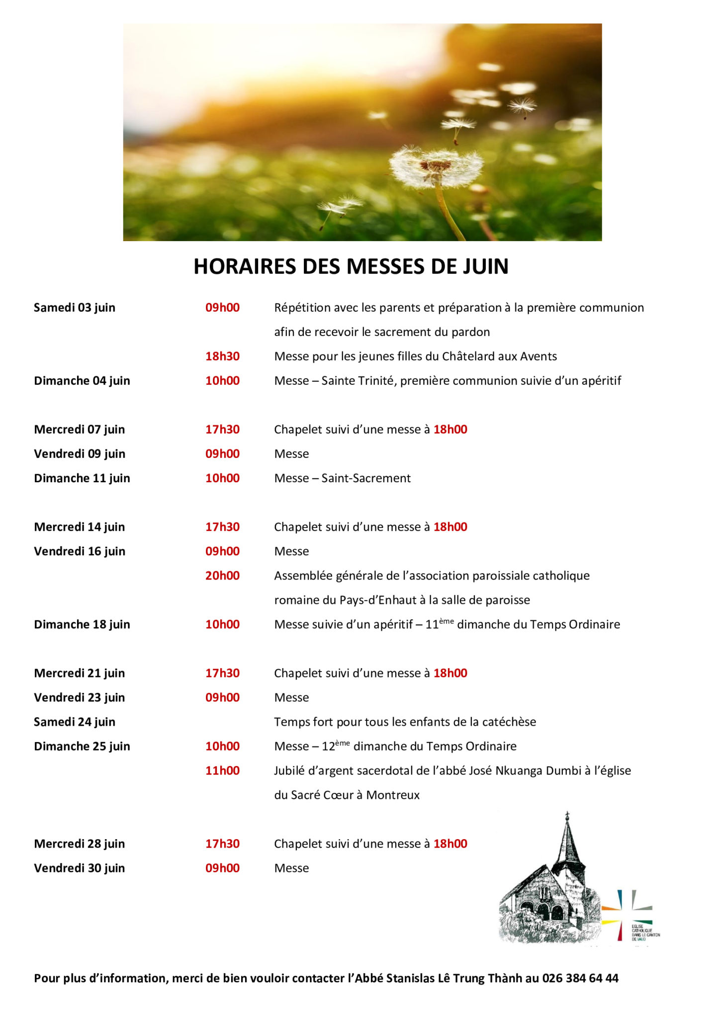 Horaires des messes - Juin 2023 - Communauté catholique du Pays-d'Enhaut