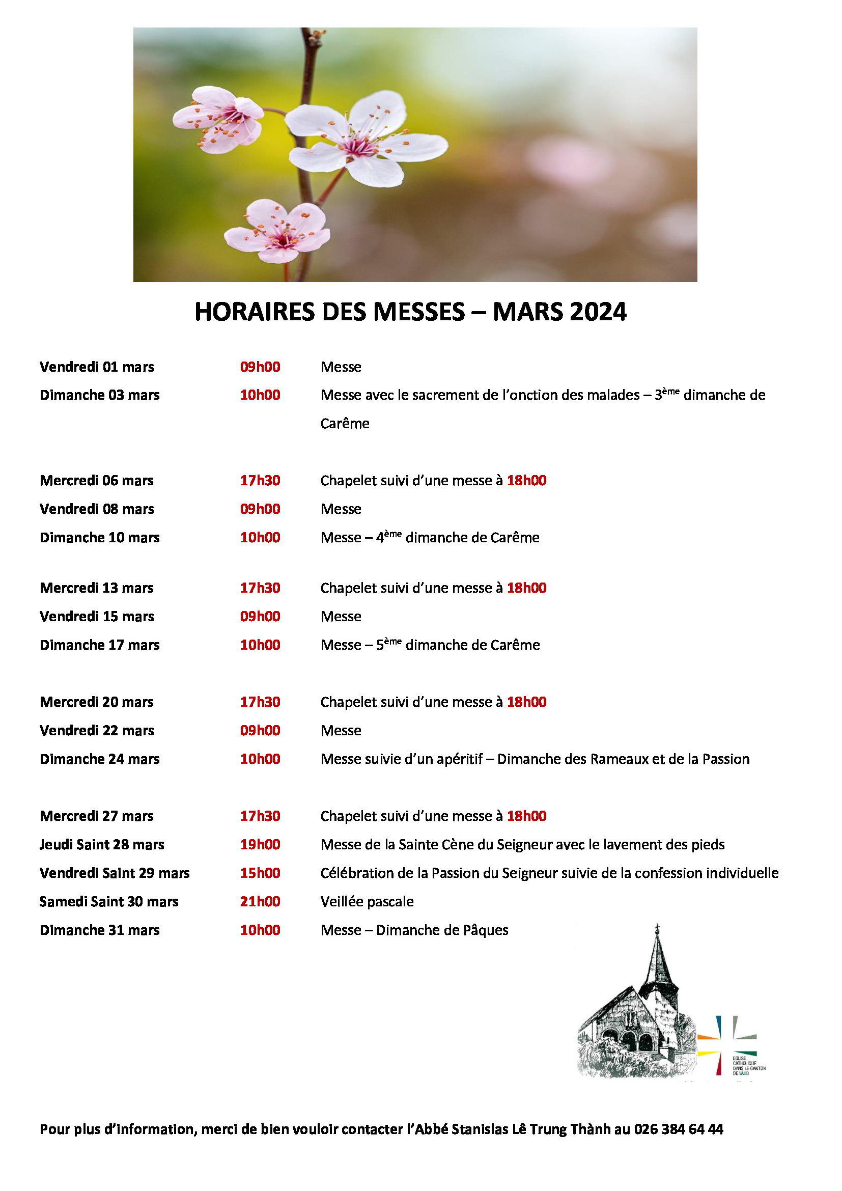 Horaire des messes - Mars 2024 - Communauté catholique du Pays-d'Enhaut